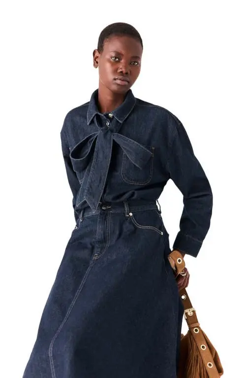 Maje Denim Shirt With Bow Detail - Navy