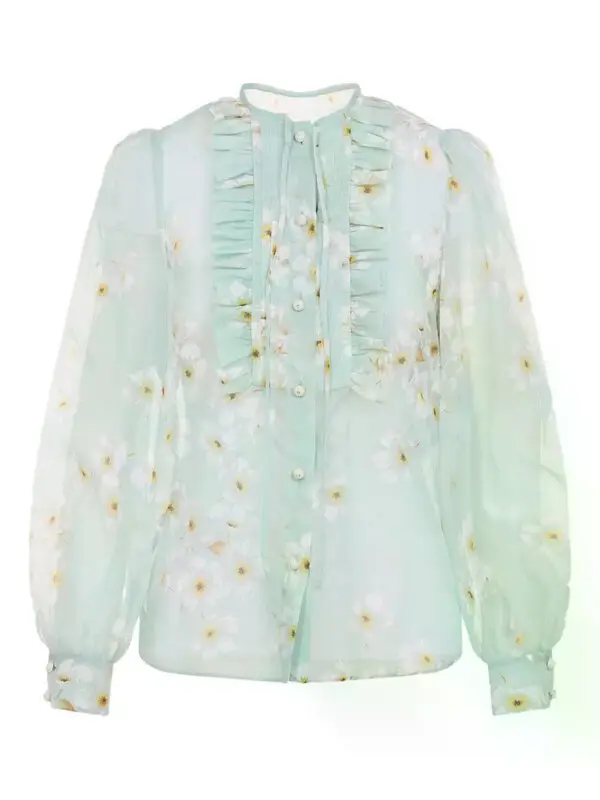 Valentino Garavani Floral-print Ruffled Shirt - Green