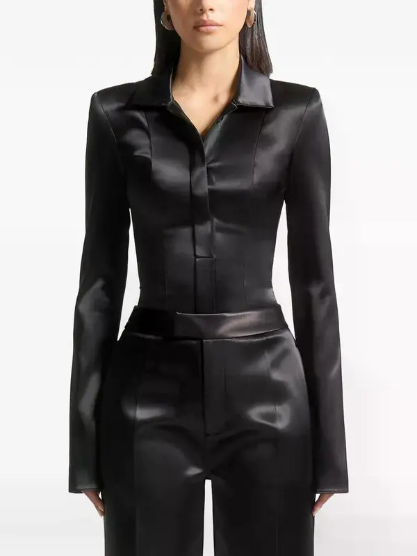 Manière De Voir Maniere De Voir Louise Wide Shoulder Satin Shirt Bodysuit - Black