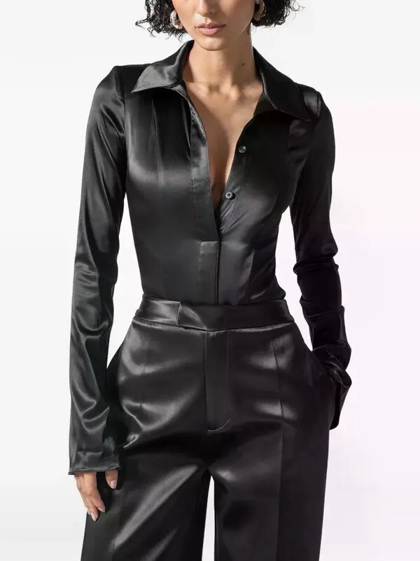 Manière De Voir Maniere De Voir Louise Wide Shoulder Satin Shirt Bodysuit - Black