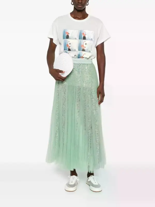 STYLAND Floral-print Pleated Tulle Midi Skirt