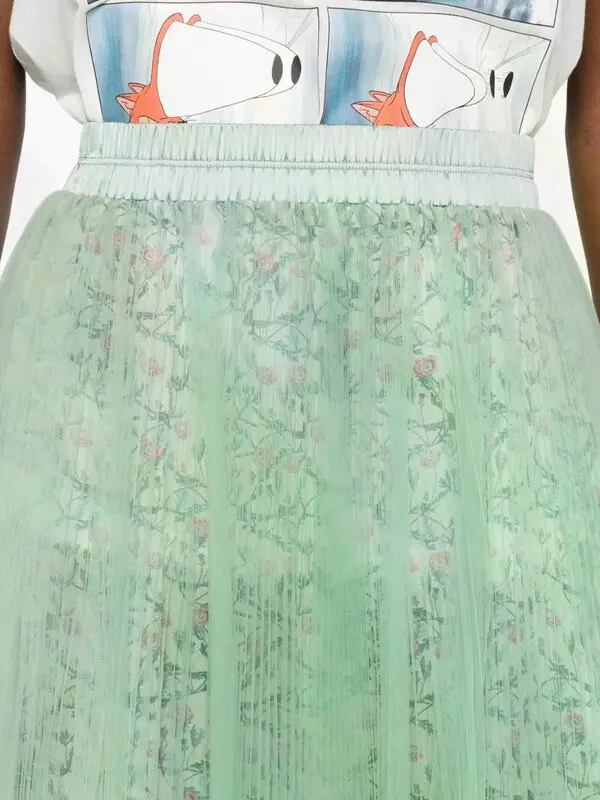 STYLAND Floral-print Pleated Tulle Midi Skirt
