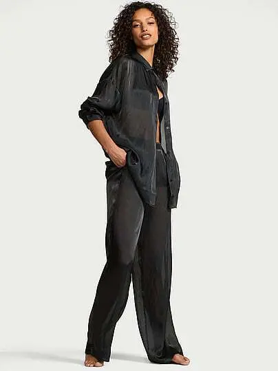 Victoria's Secret Luxe Sheer Satin Button-front Long Pajama Set