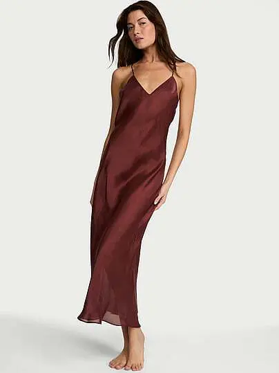 Victoria's Secret Luxe Sheer Satin Long Slip Dress - Brown