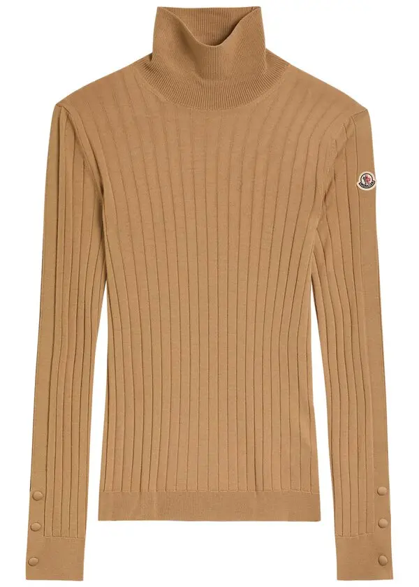 Moncler Ribbed Wool And Cashmere-blend Top - Khaki