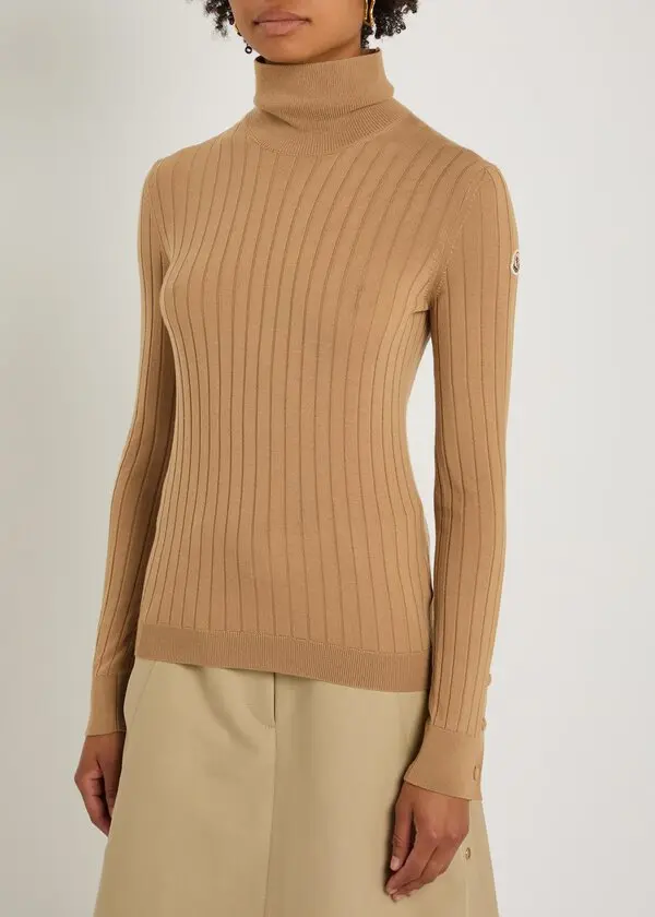 Moncler Ribbed Wool And Cashmere-blend Top - Khaki