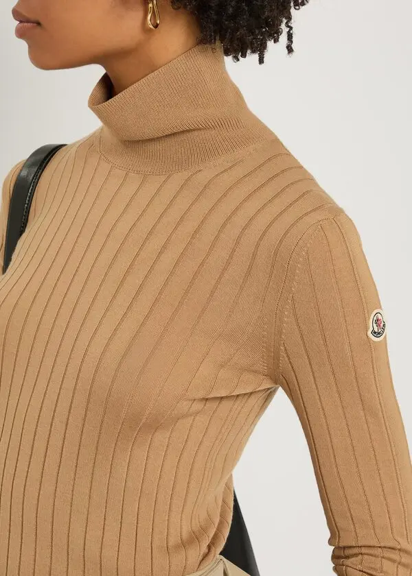 Moncler Ribbed Wool And Cashmere-blend Top - Khaki
