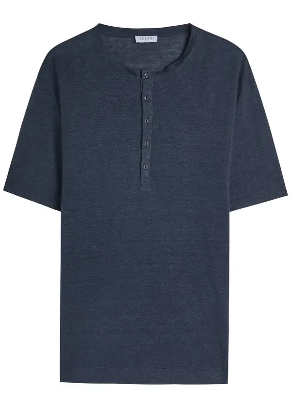 GUSARI Short Sleeve Henley Linen T-shirt - Navy