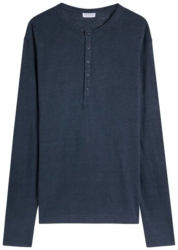 GUSARI Long Sleeve Henley Linen T-shirt - Navy