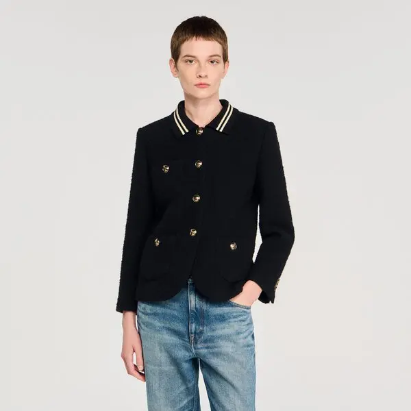 Sandro Tweed Jacket With Ribbed Collar - Black