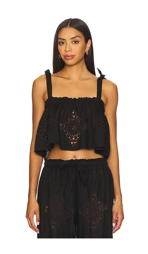 Tularosa Olivia Top Cropped Linen Blend With Tie Shoulder Straps - Black