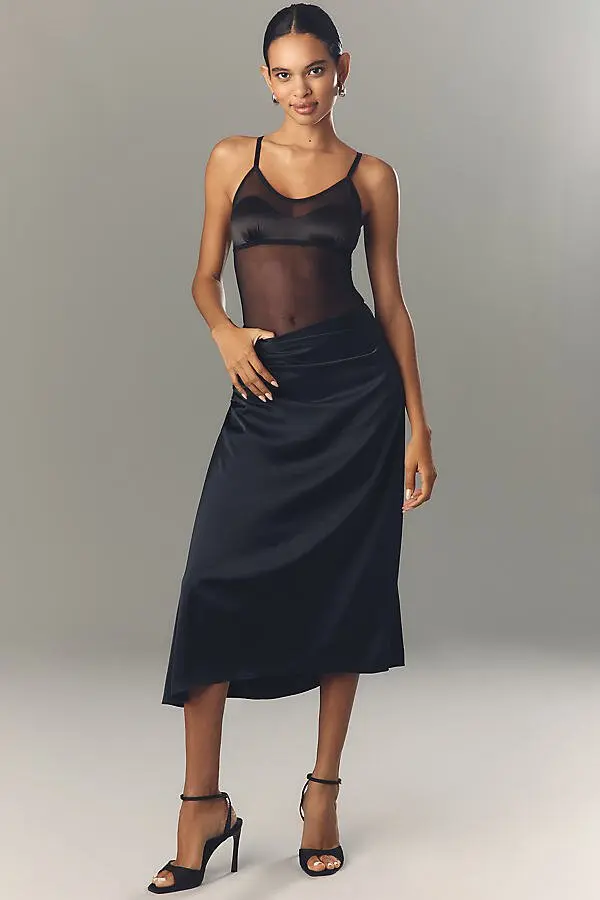 Theory Ruched Satin Midi Skirt - Navy