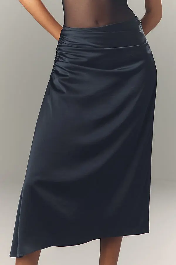 Theory Ruched Satin Midi Skirt - Navy