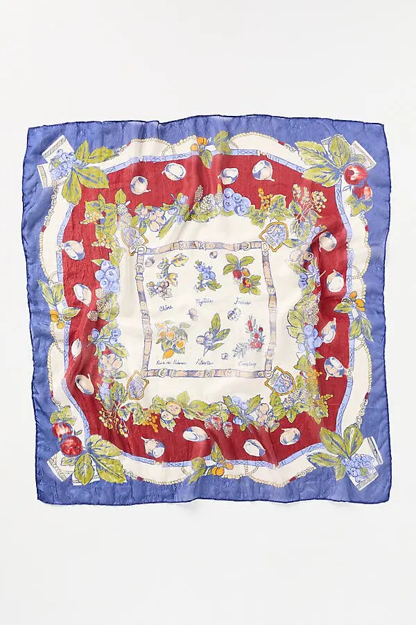 Anthropologie Large Prted Silk Scarf - Fruits / Blue