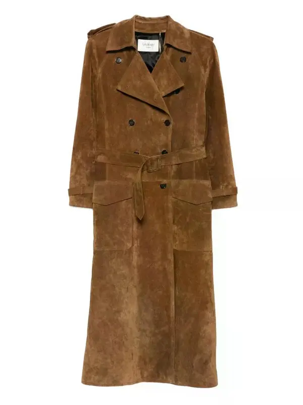 Saint Laurent Long Double-breasted Suede Coat