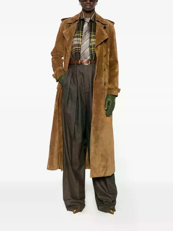 Saint Laurent Long Double-breasted Suede Coat