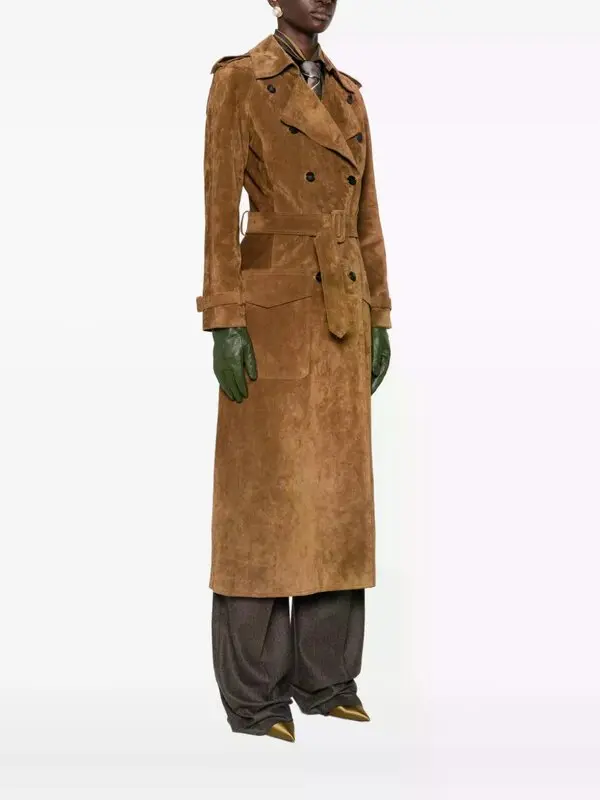 Saint Laurent Long Double-breasted Suede Coat