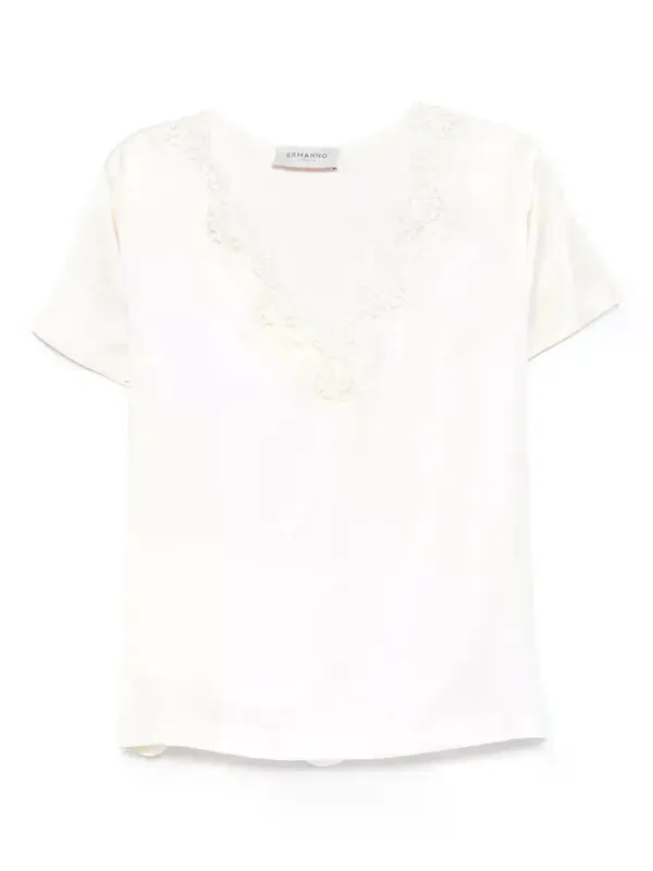ERMANNO FIRENZE Lace-trimmed V-neck Top - Neutrals