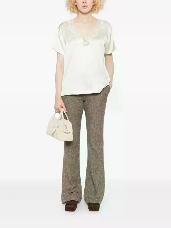ERMANNO FIRENZE Lace-trimmed V-neck Top - Neutrals