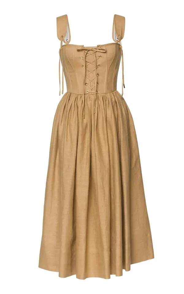 Lena Hoschek Giuseppina Lace-up Linen Midi Dress - Tan
