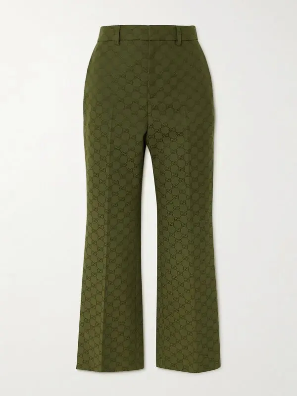 Gucci Cropped Cotton-Blend Canvas-Jacquard Flared Pants - Green