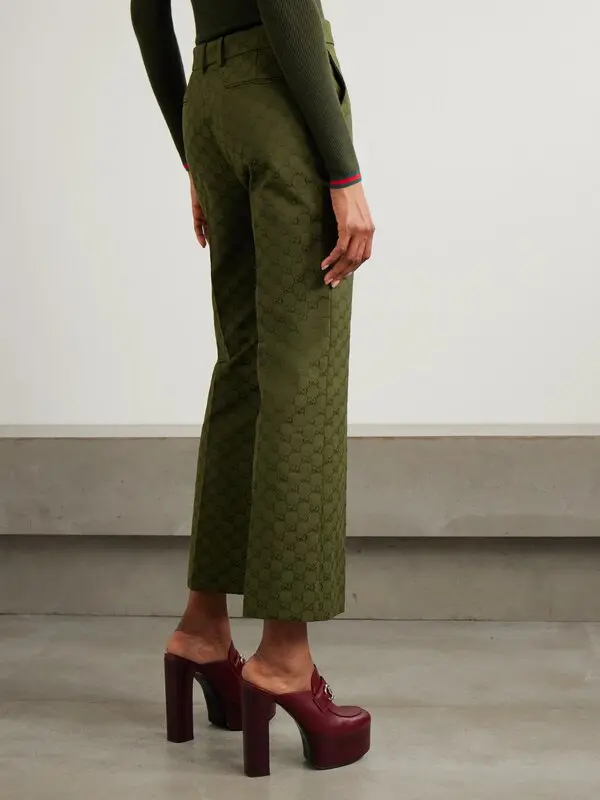 Gucci Cropped Cotton-Blend Canvas-Jacquard Flared Pants - Green