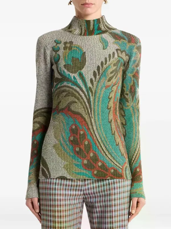 Etro Ribbed Paisley-print Turtleneck Sweater - Grey