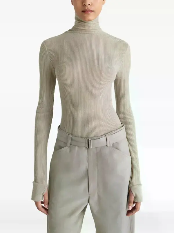 LEMAIRE Lemiare Ribbed Knit Turtleneck Top With Thumbhole Cuffs - Green