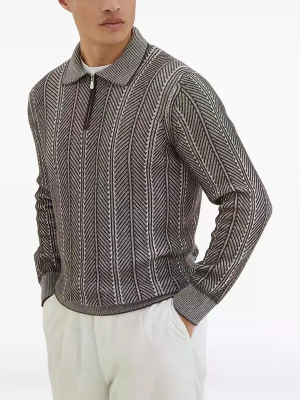 Brunello Cucinelli Herringbone-pattern Zipped Polo Shirt