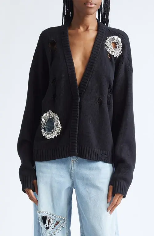 AREA Distressed Crystal Cotton & Cashmere Cardigan - Black