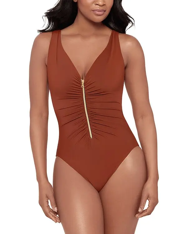 Miraclesuit Razzle Dazzle Zip One Piece Swimsuit - Copper Brown