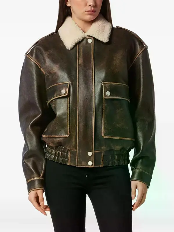 Philipp Plein Leather Aviator Bomber Jacket