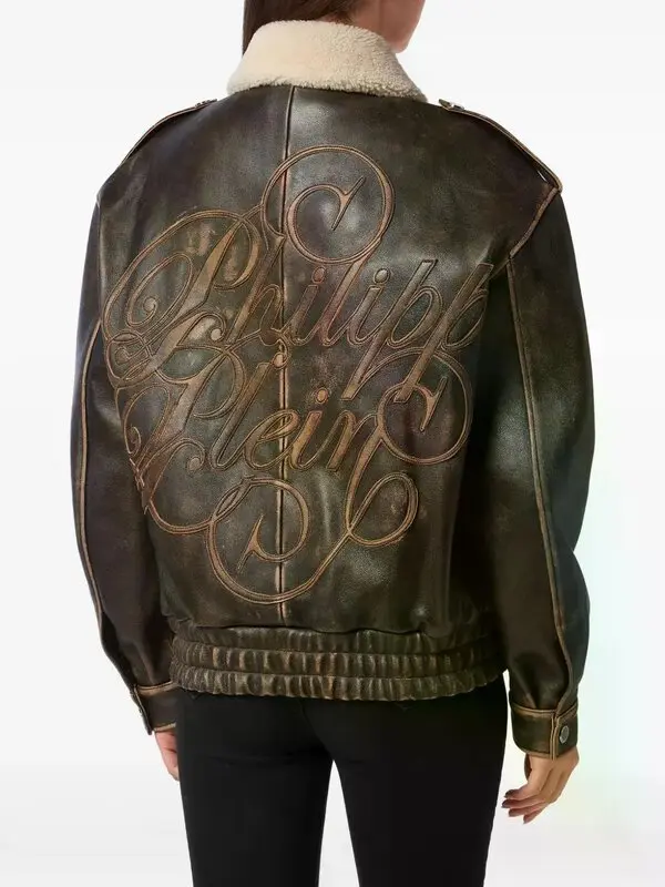 Philipp Plein Leather Aviator Bomber Jacket