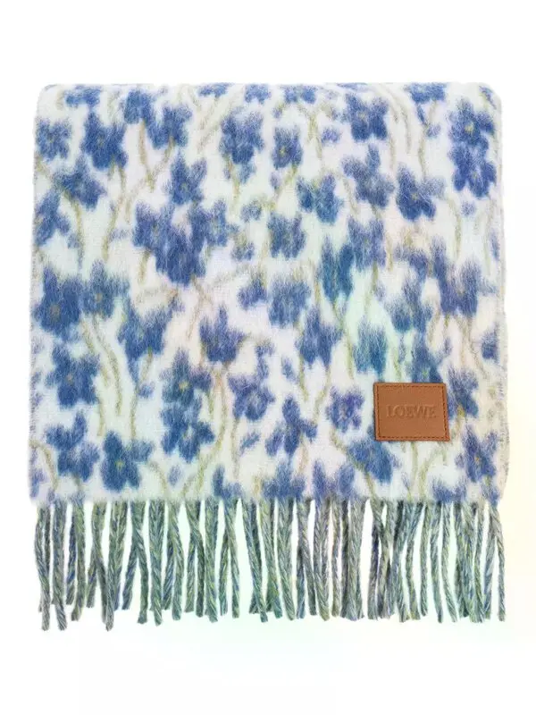 Loewe Floral-print Fringed Scarf - Blue