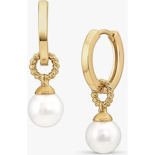 BEARFRUIT JEWELRY 14k Plated Marie Pearl Charm Huggie Earrings - Gold