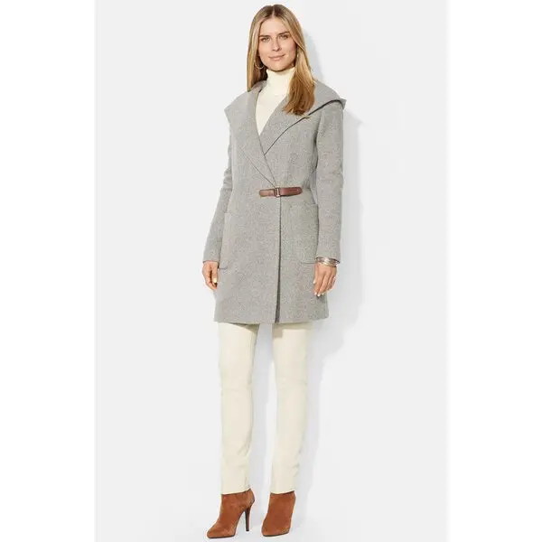 Ralph Lauren Hooded Drape Front Herringbone Coat
