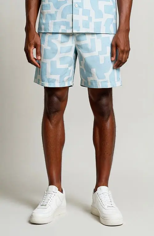 D.RT Geometric Print Swim Trunks - White/light Blue