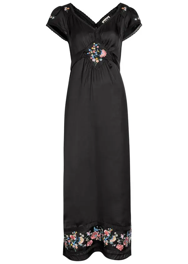 Rixo Carey Embroidered Satin Midi Dress - Blue