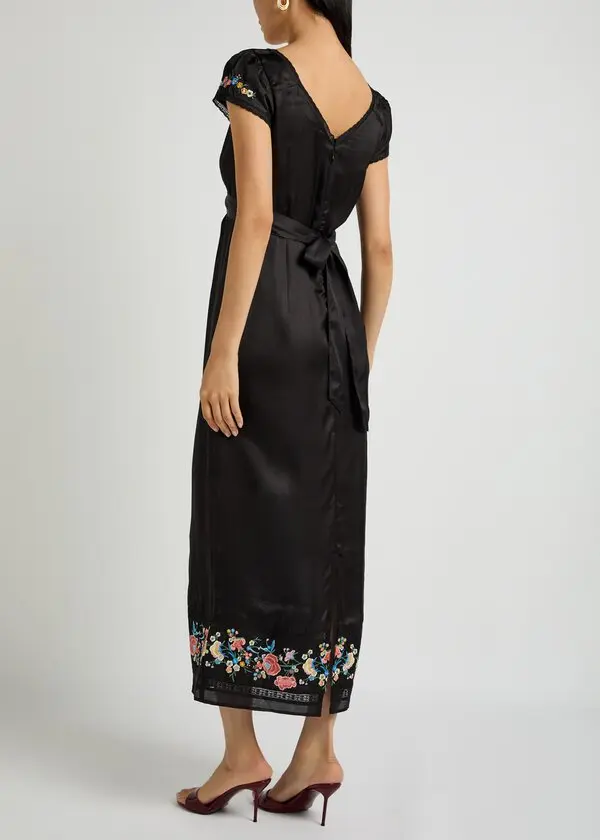Rixo Carey Embroidered Satin Midi Dress - Blue