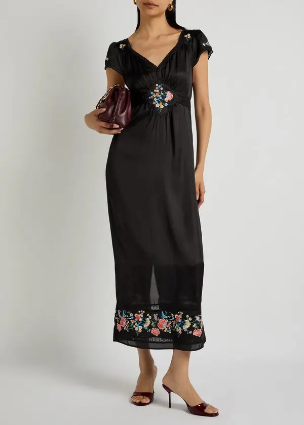 Rixo Carey Embroidered Satin Midi Dress - Blue