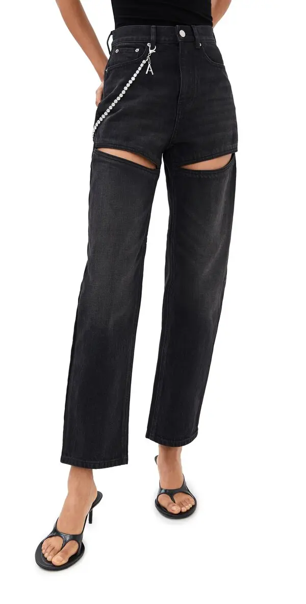 AREA Slit Jeans With Crystal Embellished Chain
