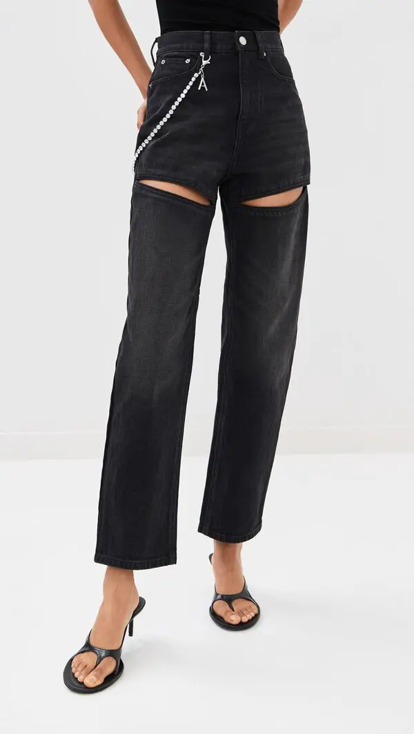 AREA Slit Jeans With Crystal Embellished Chain