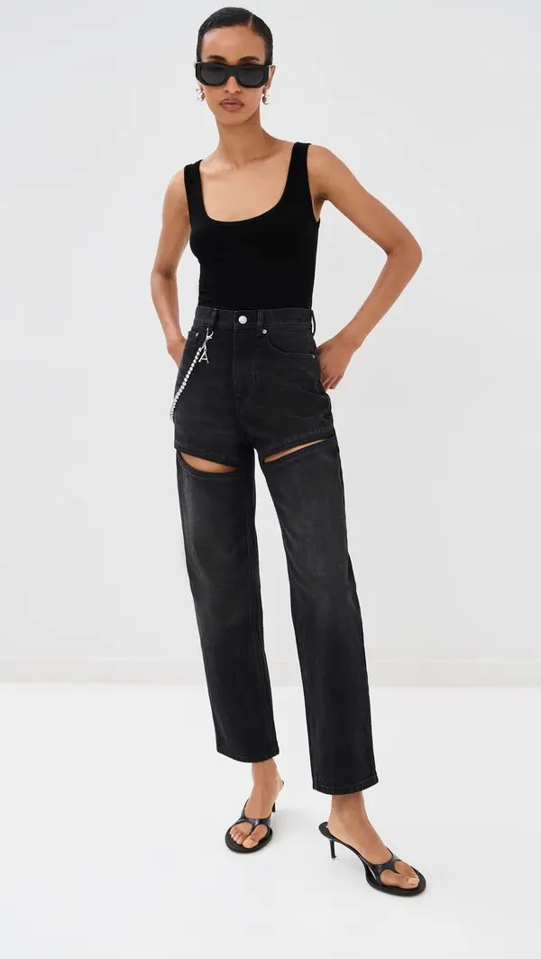 AREA Slit Jeans With Crystal Embellished Chain