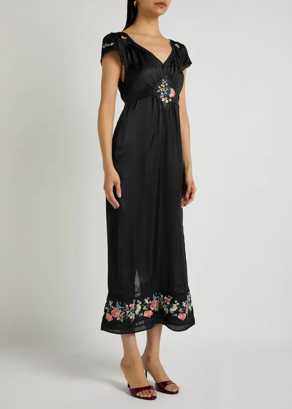 Rixo Carey Embroidered Satin Midi Dress - Blue