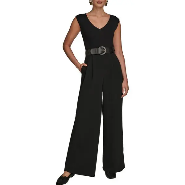 Donna Karan New York Sleeveless Belted Mixed Media Jumpsuit