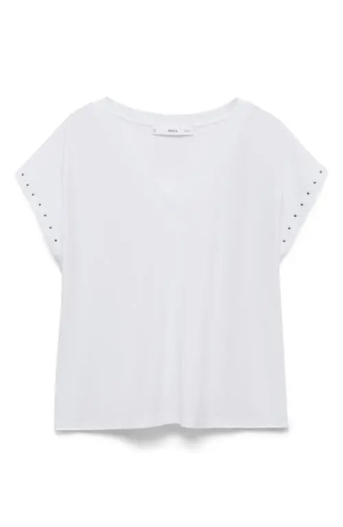 Mango Stud Accent Cotton V-neck T-shirt - White