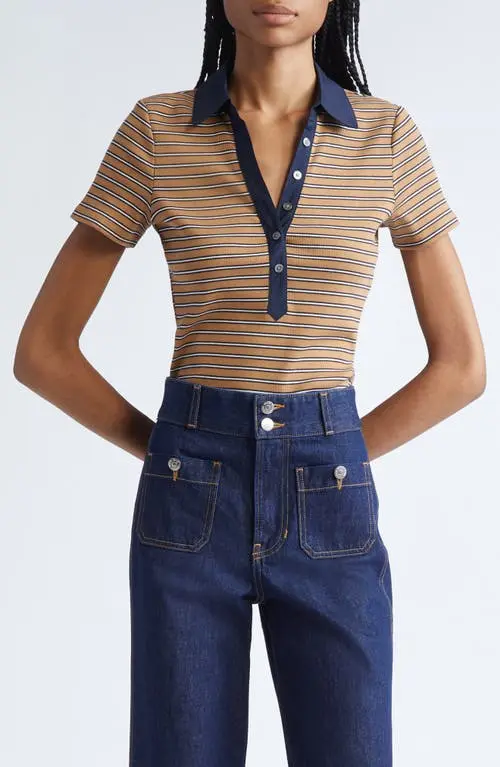 Veronica Beard Kearney Stripe Stretch Cotton Rib Polo - Brown Multi
