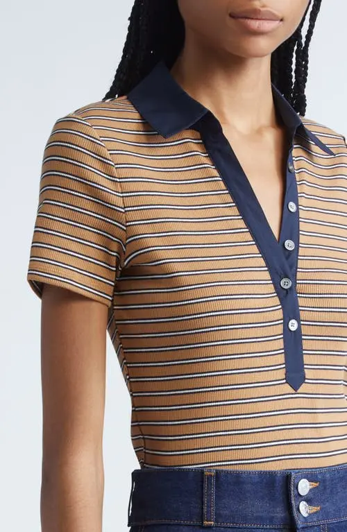 Veronica Beard Kearney Stripe Stretch Cotton Rib Polo - Brown Multi