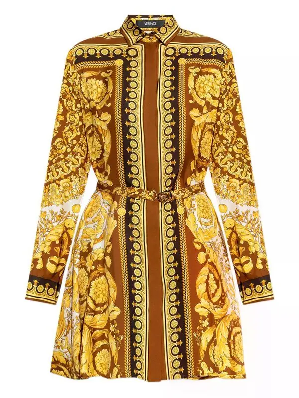Versace Silk Barocco Print Mini Shirt Dress - Yellow