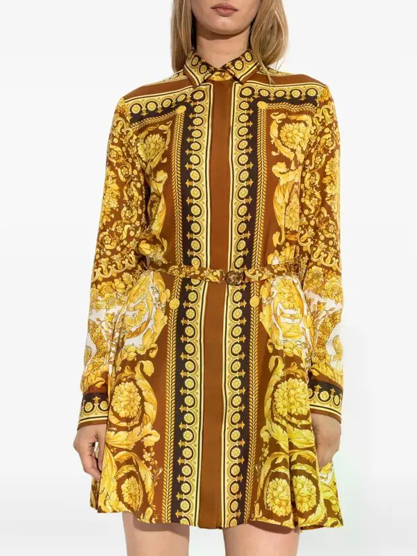 Versace Silk Barocco Print Mini Shirt Dress - Yellow